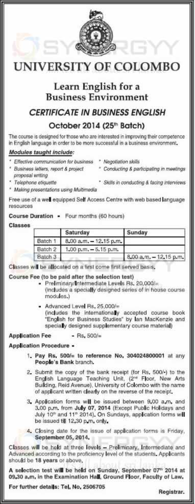 University of Colombo Certificate in Business English Course ...