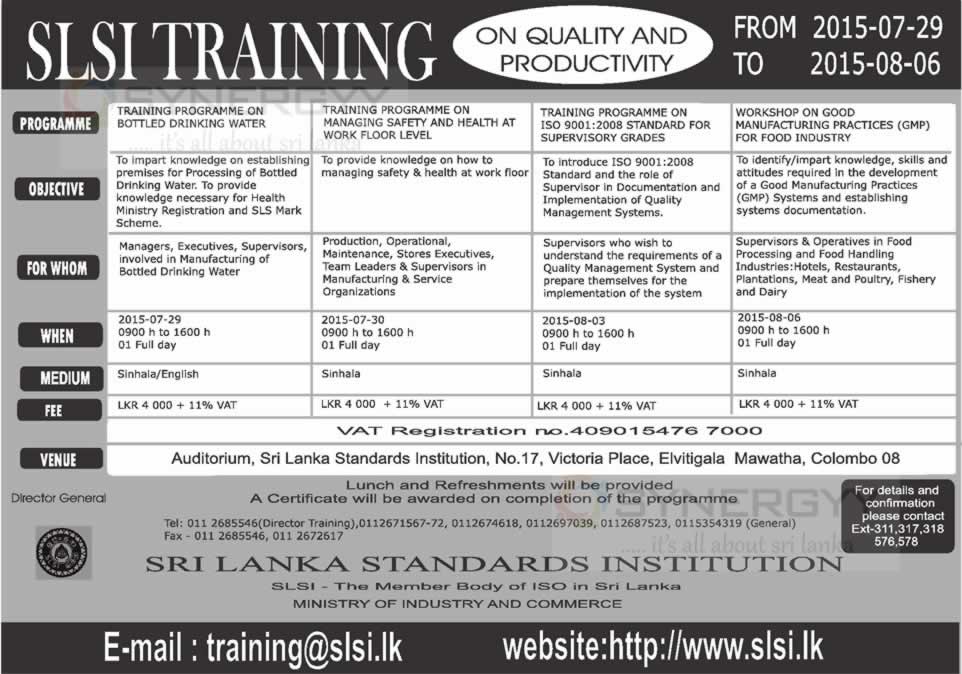 Sri Lanka Standards Institutions (SLSI) Training on Quality and ...