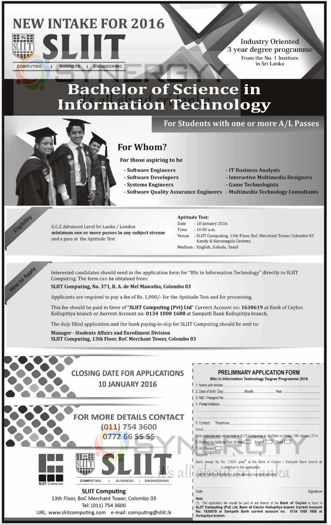 SLIIT Bachelor of Science in Information Technology – Application Calls ...