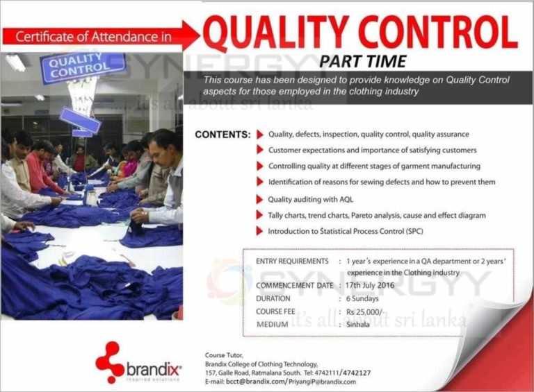 Certificate in Quality Control by Brandix College of Technology ...
