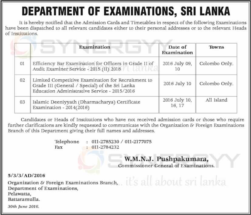 Department of Examination – July 2016 Examination – Education SynergyY