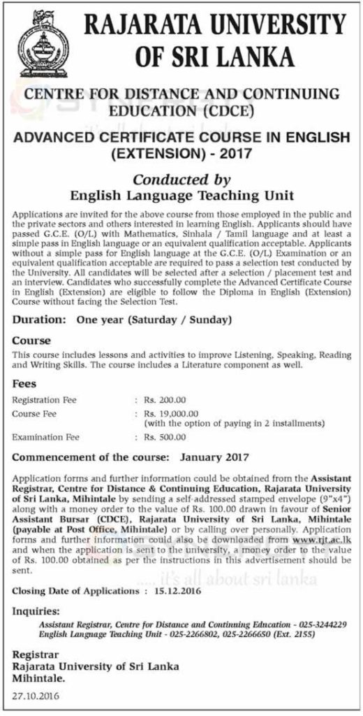 Advanced Certificate Course in English (Extension) – 2017 by Rajarata ...