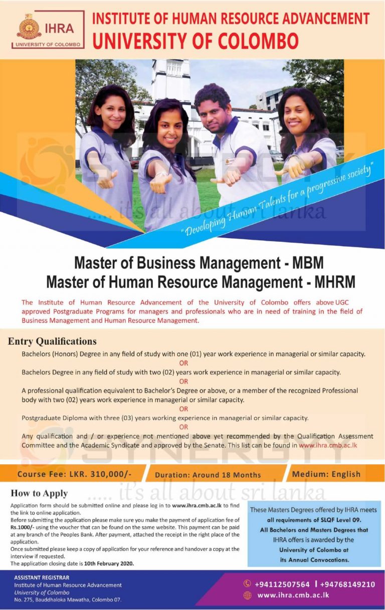 University of Colombo Master of Business Management , Master of Human ...